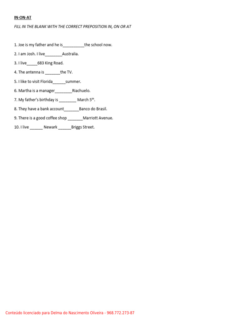 Preposition Exercise: In, On, At | PDF