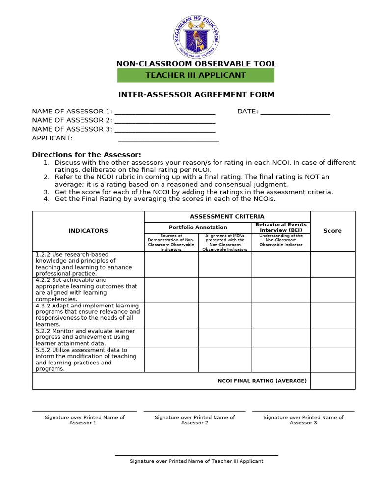 Tiii Ncoi Agreement Form Pdf Learning Teaching