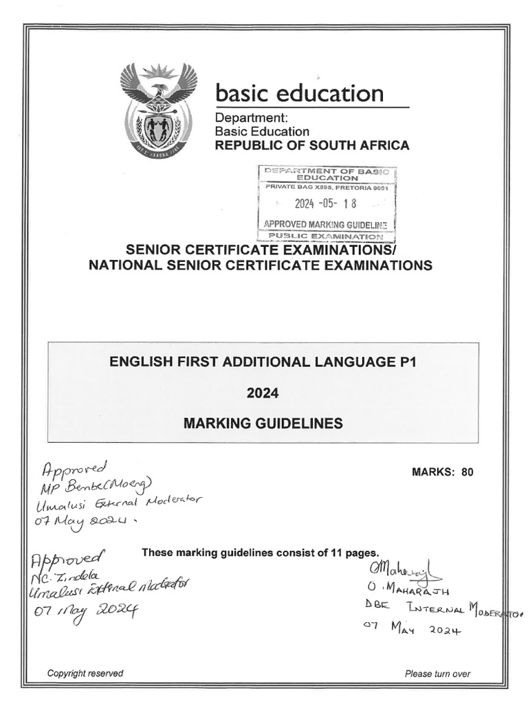 English FAL P1 May-June 2024 Approved Marking Guideline | PDF