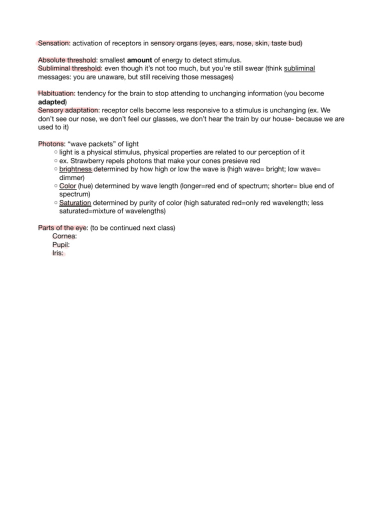 Ch 3- sensation and perception (week 3, Tuesday) notes | PDF