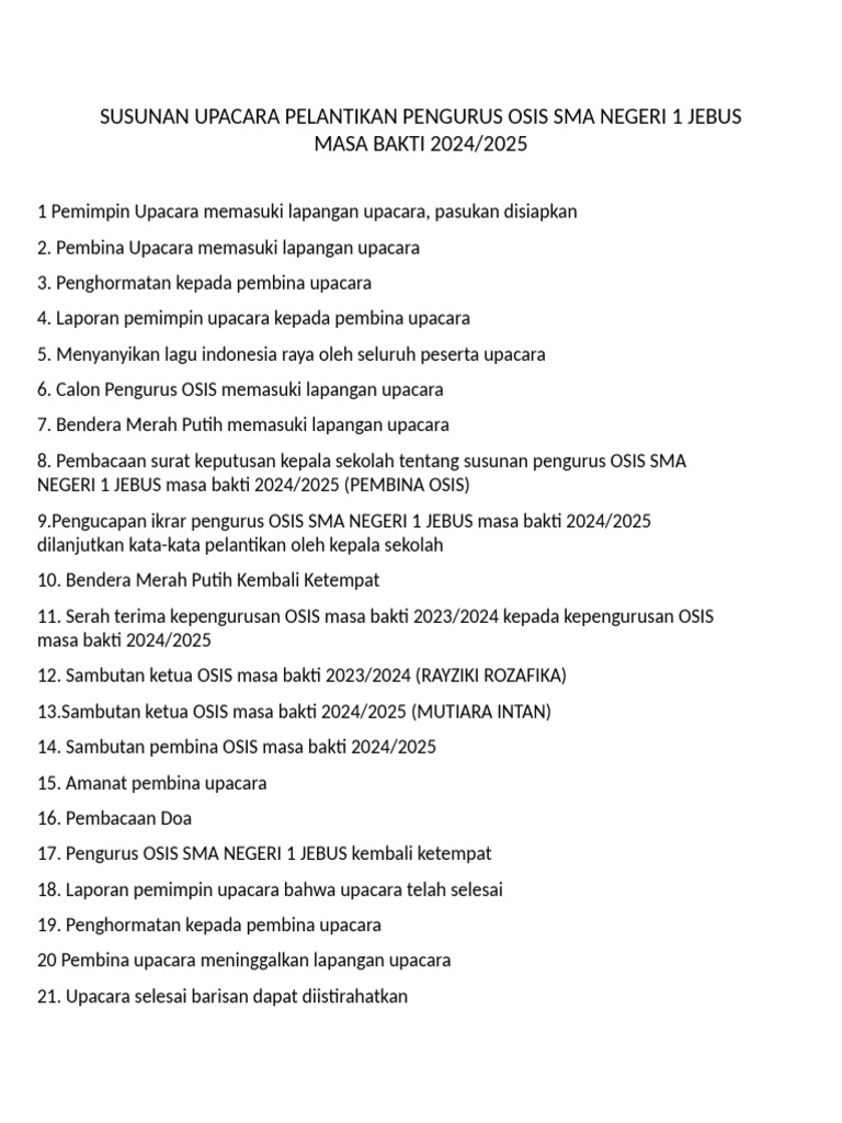 SUSUNAN UPACARA PELANTIKAN PENGURUS OSIS SMA NEGERI 1 JEBUS MASA BAKTI 2024 | PDF