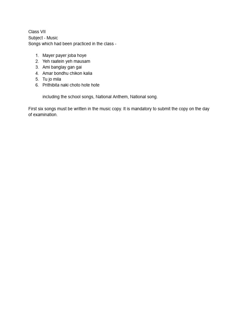 Class VII Music Songs for Exam | PDF
