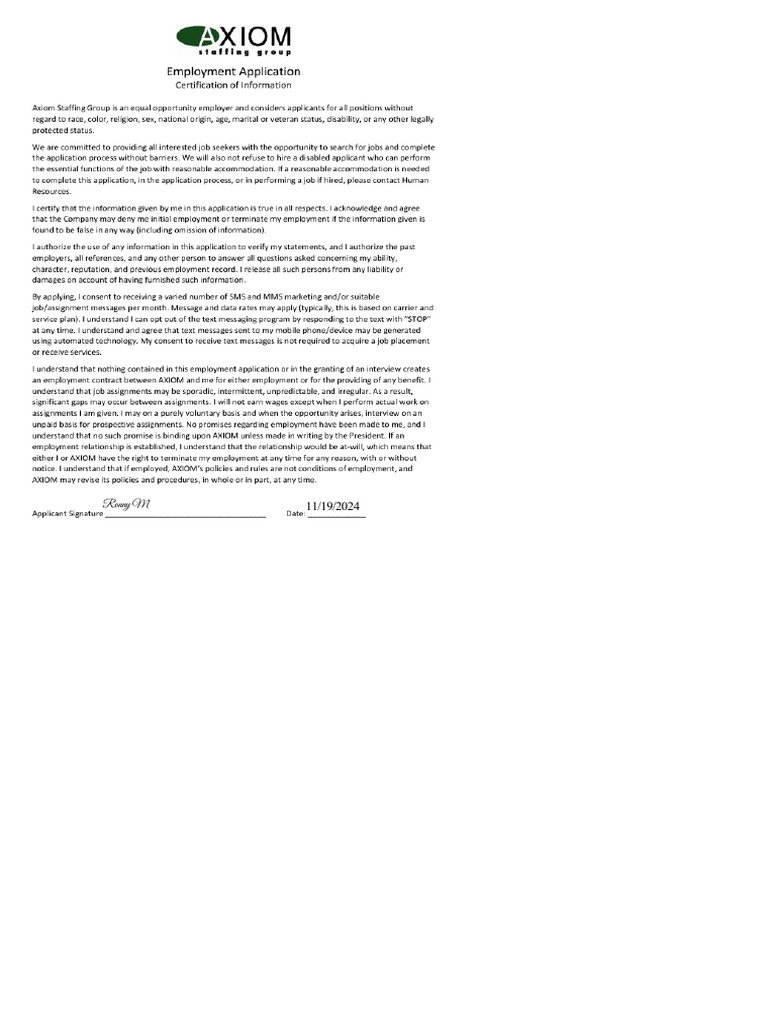 Employment Application - Certification | PDF