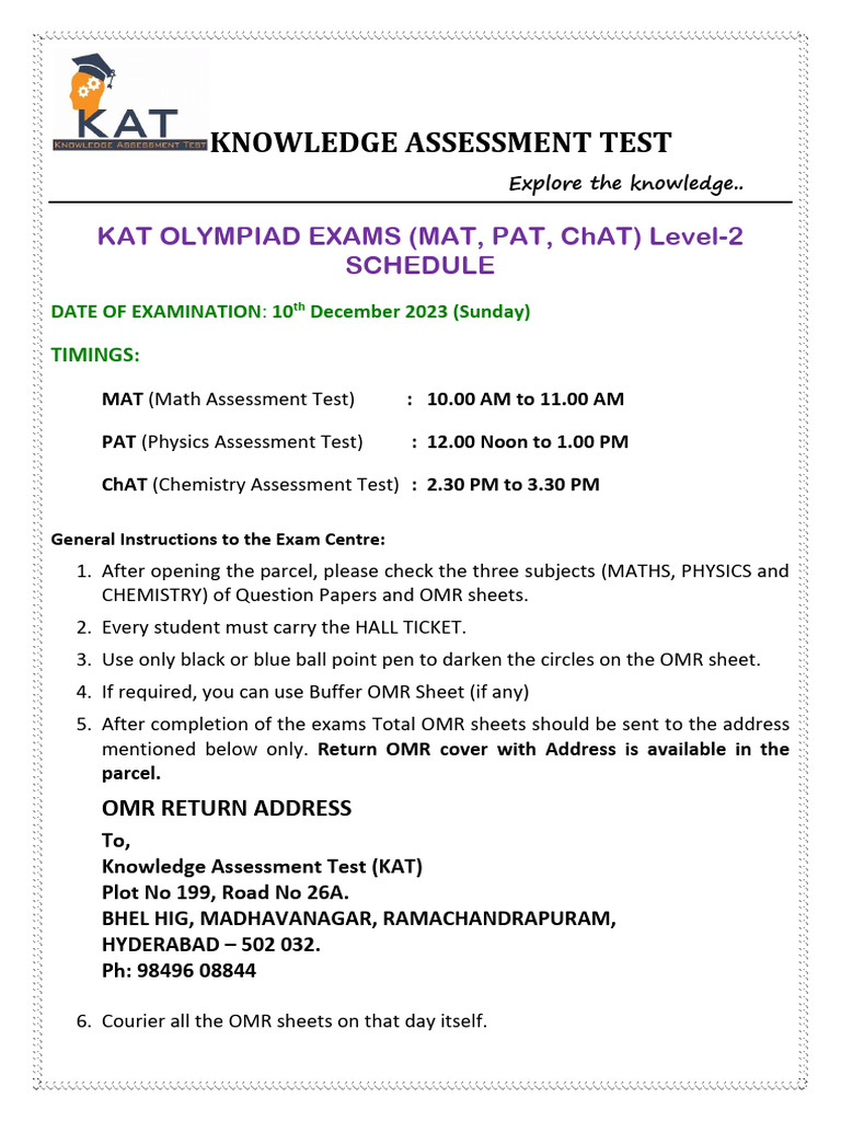 Instructions For KAT 2nd Level Exam 2023 | PDF
