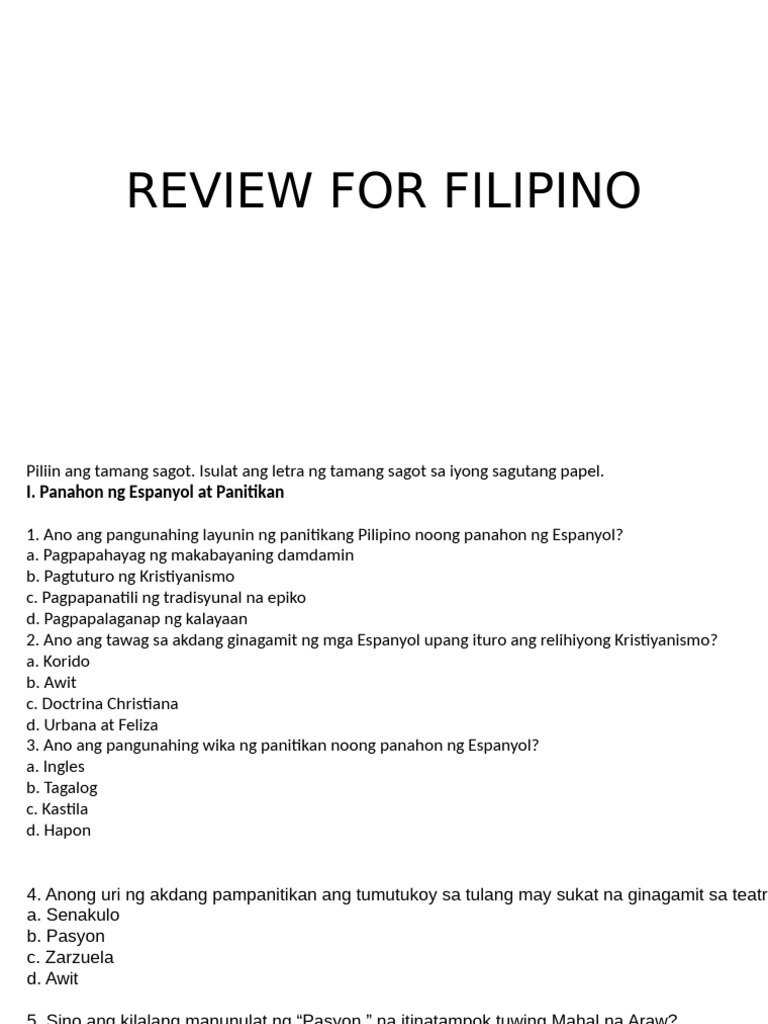 Review For Filipino | PDF