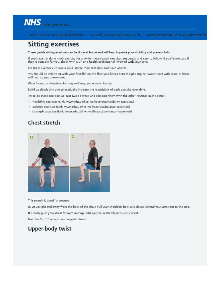 Sitting Exercises - NHS | PDF | Flexibility (Anatomy) | Chair