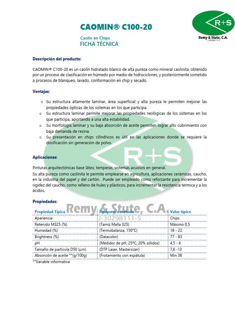Caolín Hidratado CAOMIN® C100-20 en Chips | PDF | Minerales | Materiales