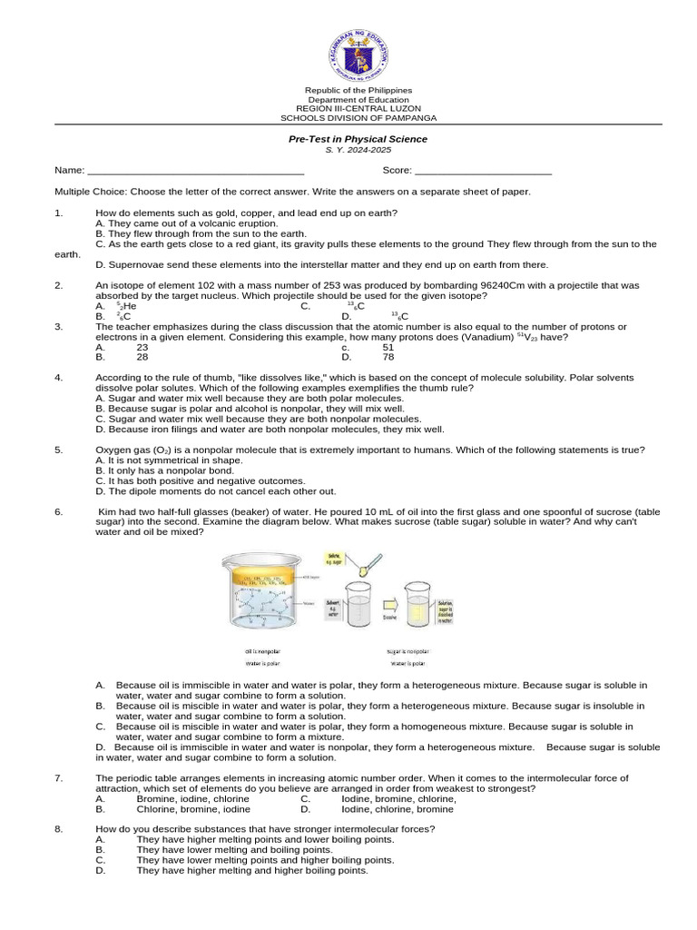 Pretest Physical Science | PDF | Chemical Polarity | Light