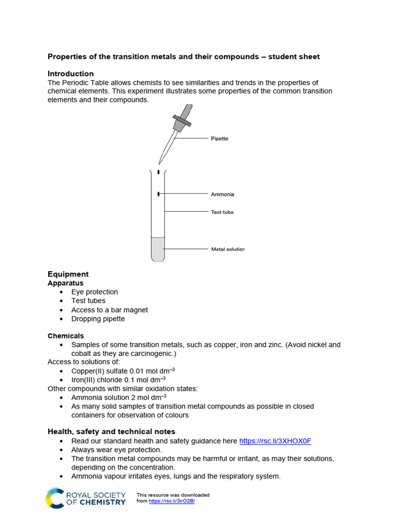 Transition Metals Properties Experiment | PDF