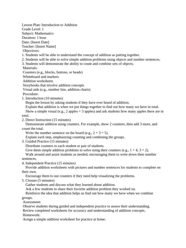 Grade 1 Addition Lesson Plan | PDF