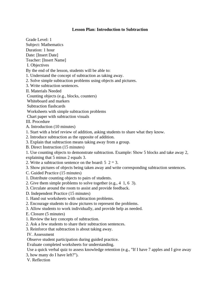 First Grade Subtraction Lesson Plan | PDF