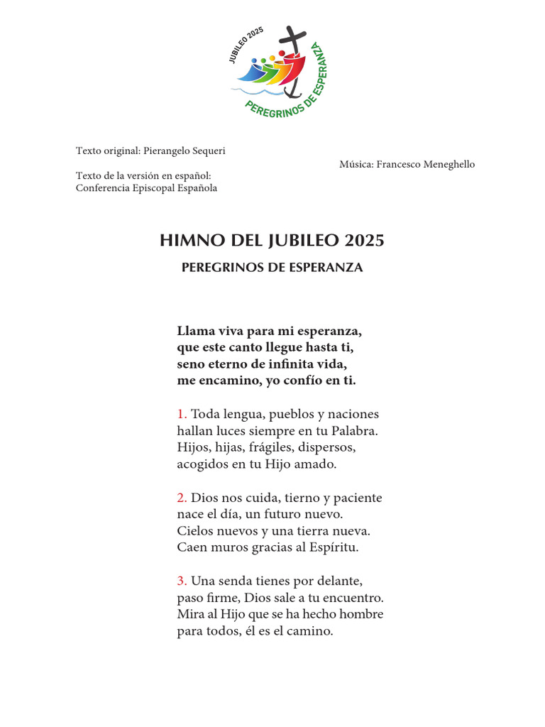 Letra Himno Del Jubileo 2025 - Peregrinos de Esperanza | PDF