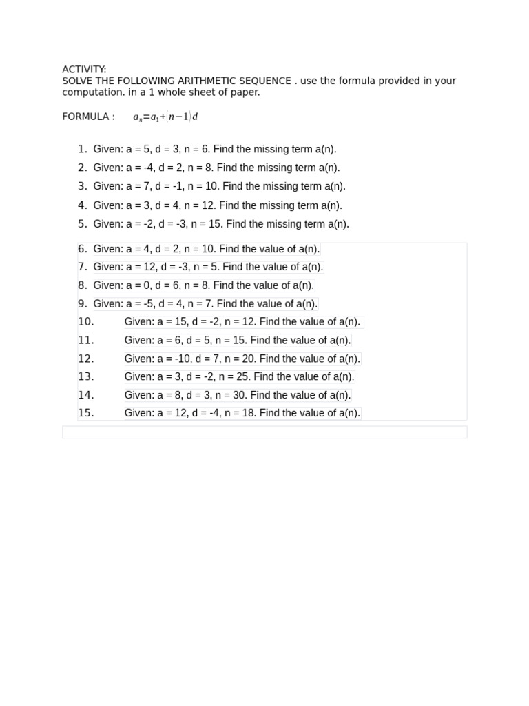 ACTIVITY Arithmetic Sequence 10 | PDF