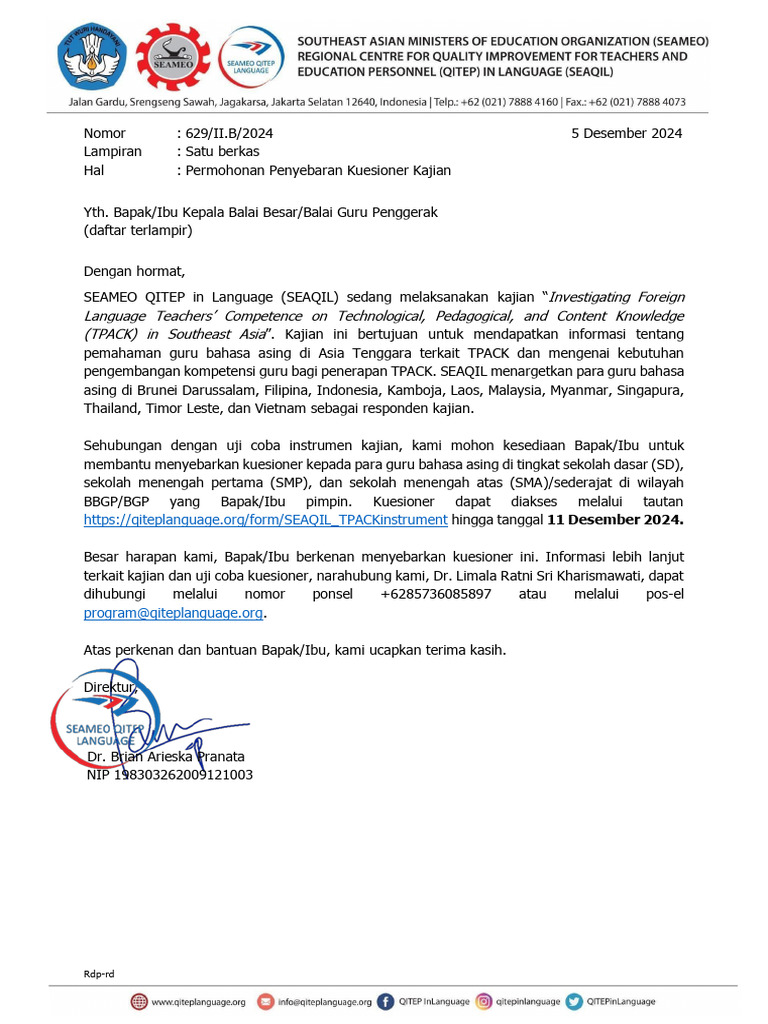 Permohonan Penyebaran Kuesioner TPACK Sign | PDF