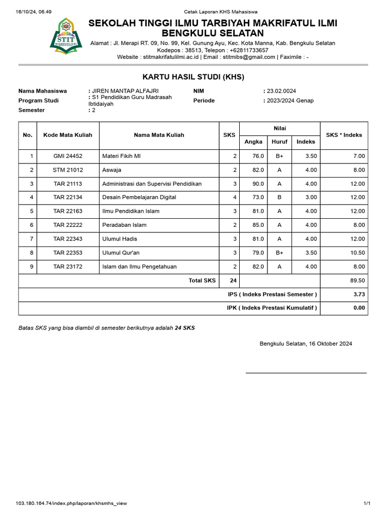 Cetak Laporan KHS Mahasiswa jiren mantap alfajri | PDF