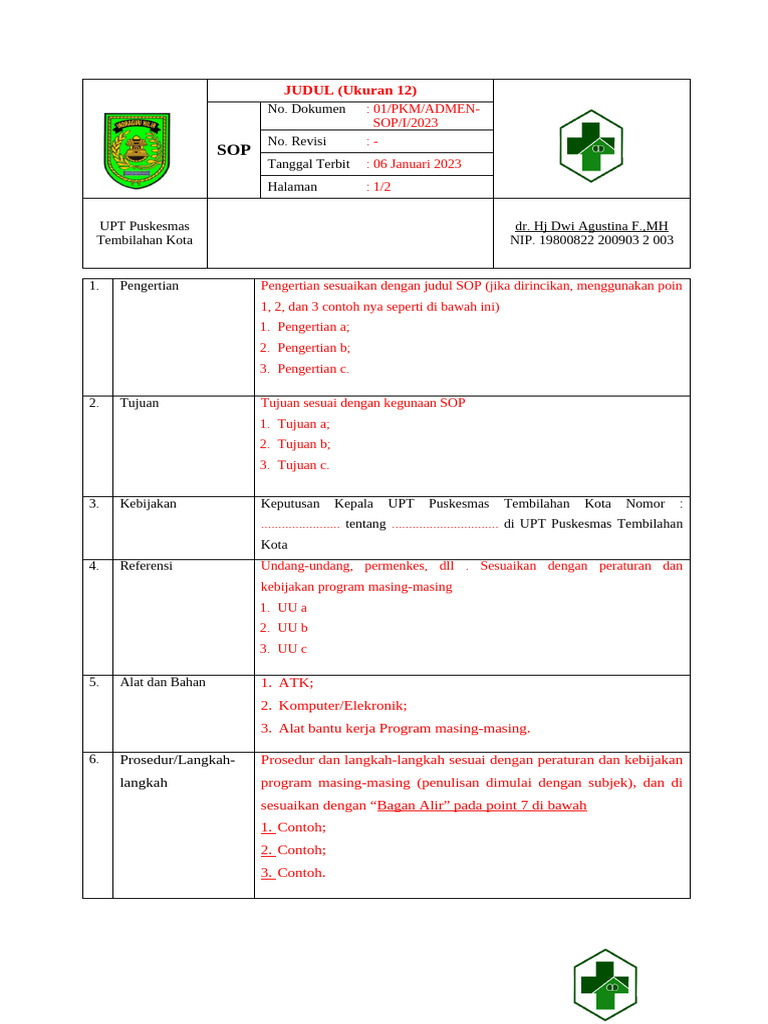 Template SOP Tidak ada Revisi UPT Puskesmas Tembilahan Kota | PDF