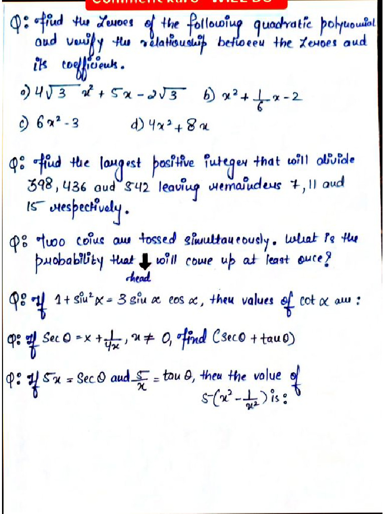 Maths Important Questions | PDF