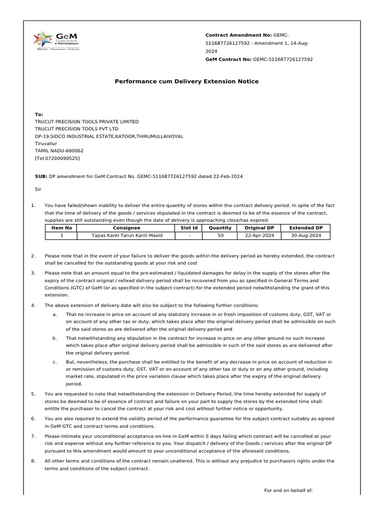 Delivery Extension Notice for GeM Contract | PDF | Value Added Tax | Prices