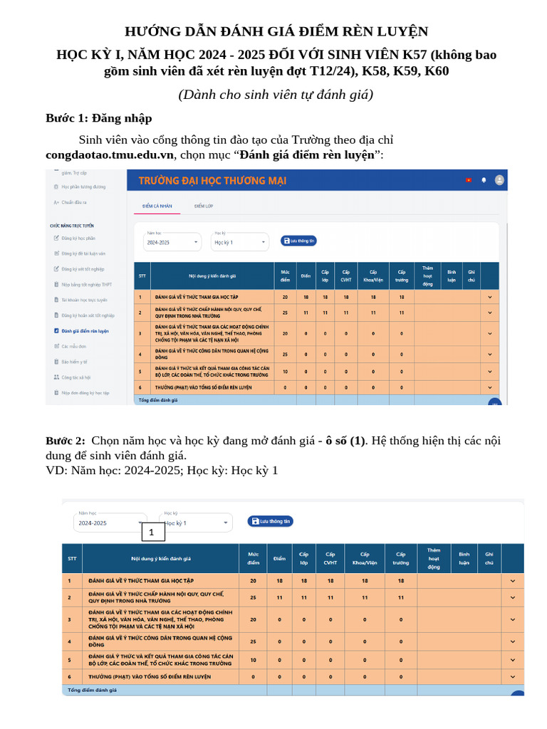Hướng Dẫn Đánh Giá ĐRL Cá Nhân Sinh Viên HK1 NH 24 25 K57 K58 K59 K60 | PDF