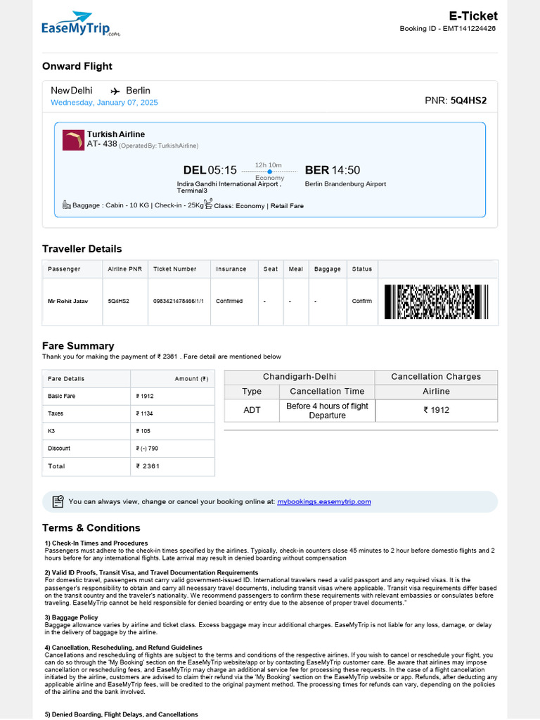 EaseMyTrip Flight E-Ticket For Flights | PDF | Airlines | Travel Visa