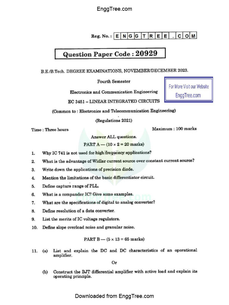 EC3451 Linear Integrated Circuits Nov Dec 2023 Question Paper Download | PDF