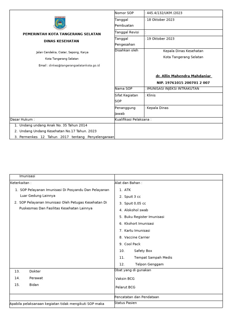 Sop Imunisasi Injeksi Intrakutan | PDF