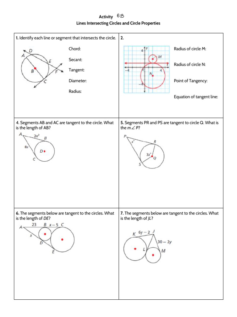6B Practice - Lines Intersecting Circles, Tangents | PDF
