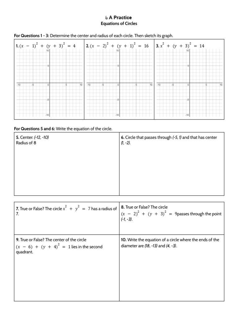 6A & 6D Equations of Cirlces and Radians Practice | PDF | Circle | Angle