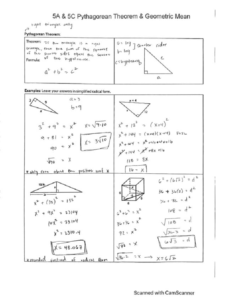 5A & 5C Pythagorean THM and Geometric Mean Notes KEY | PDF