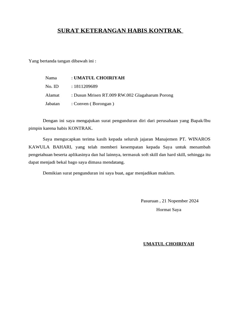 SURAT PERNYATAAN HABIS KONTRAK | PDF