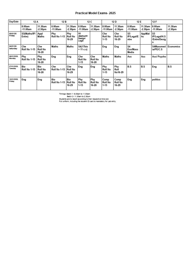 Model Practical Timetable 2025 (1) | PDF