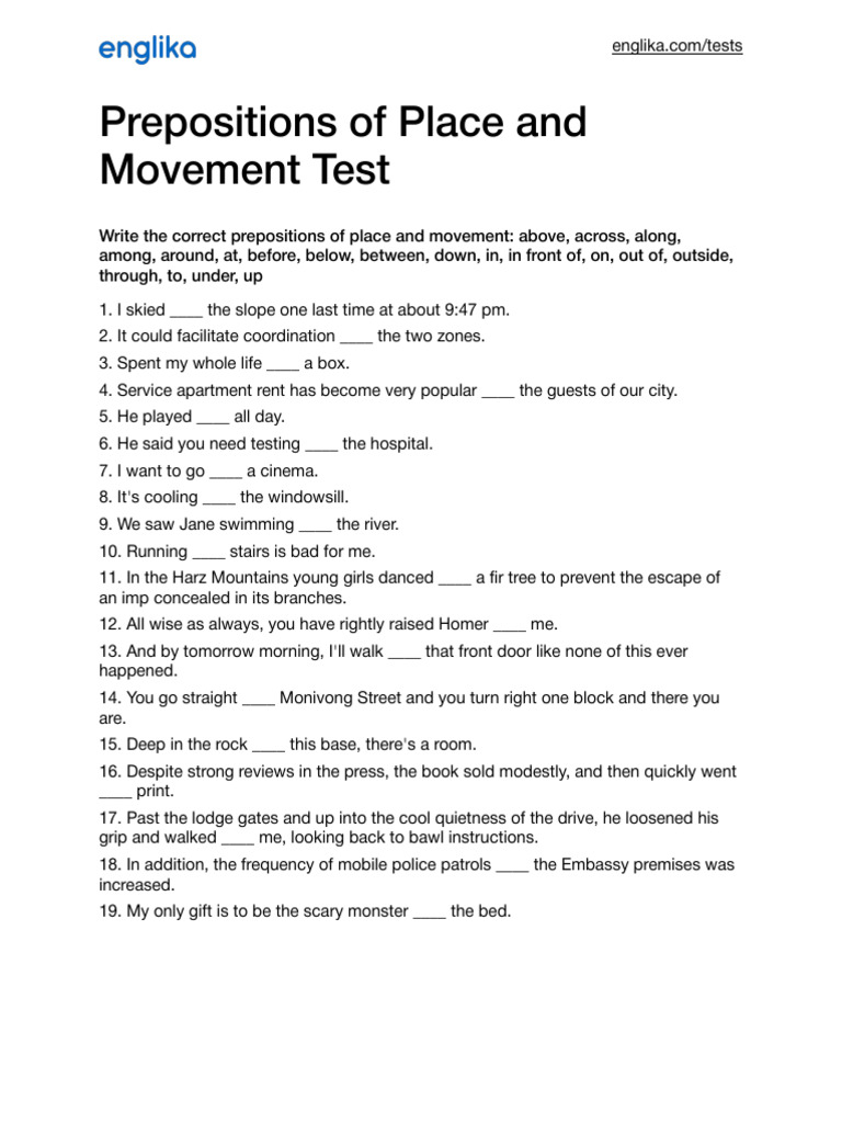 Prepositions of Place and Movement Test | PDF