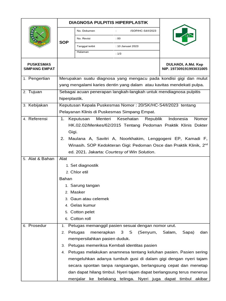 Sop Diagnosa Pulpitis Hiperplastik | PDF