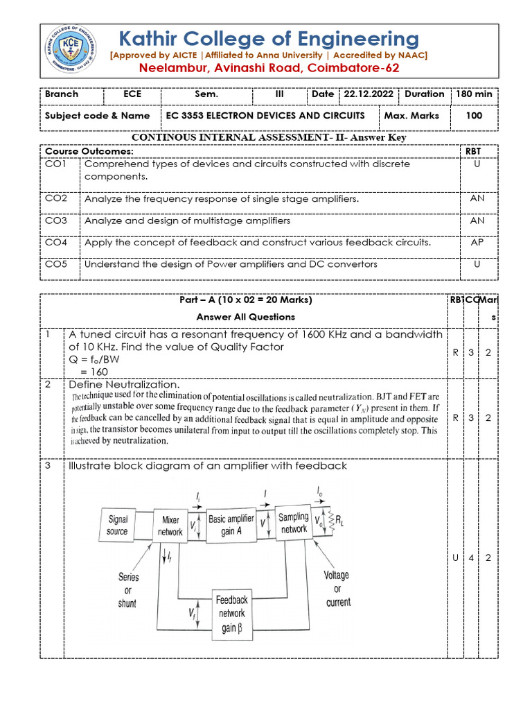 CIA II QUESTION PAPER FOR EDC-answer key | PDF | Amplifier | Electronic ...