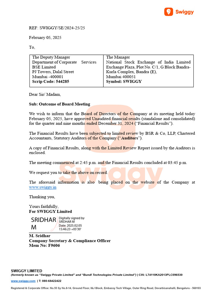 Sridhar M: Scrip Code: 544285 Symbol: SWIGGY | PDF | Audit | Accounting