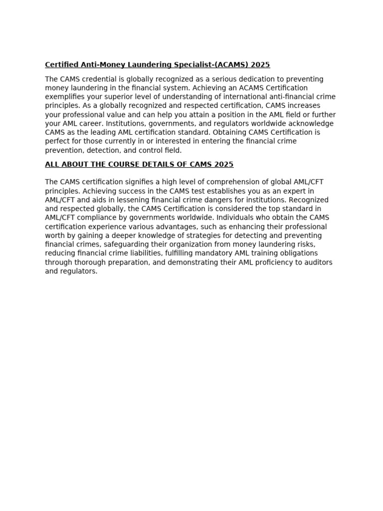 ACAMS Certification Overview 2025 | PDF