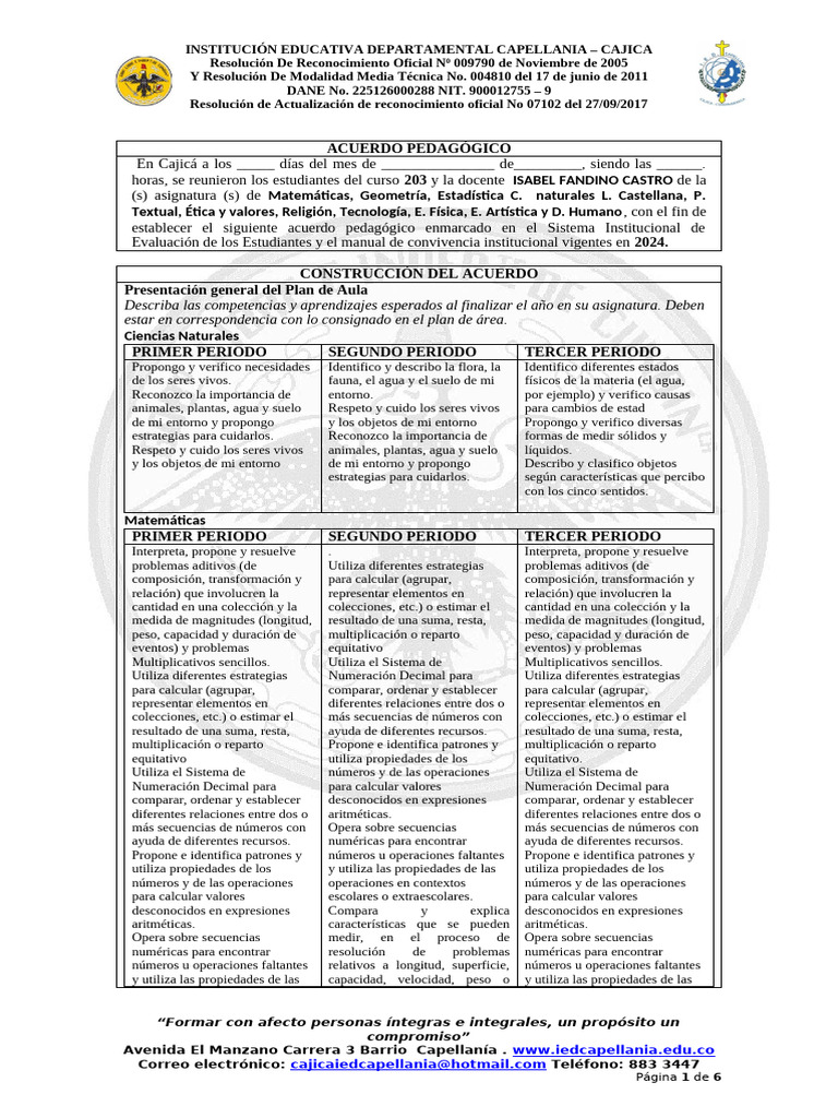Acuerdo Pedagógico IED Capellanía 2024 | PDF | Longitud | Geometría