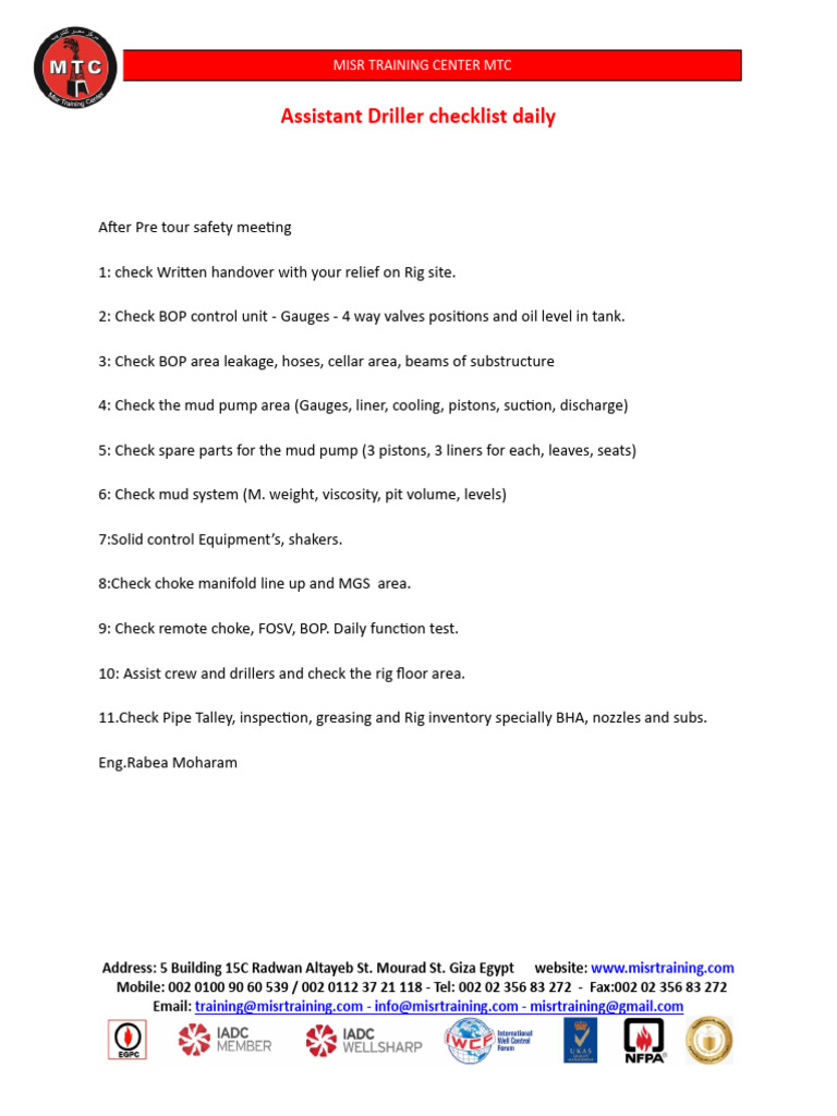 Assistant Driller Daily Checklist | PDF