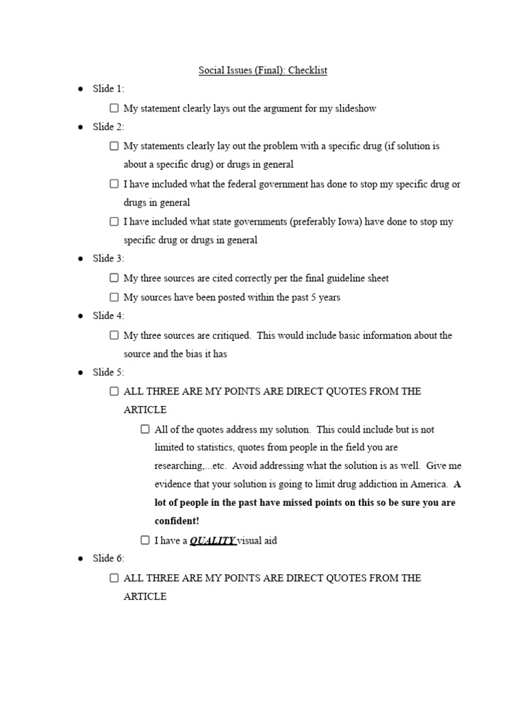 Social Issues (Final) - Checklist | PDF