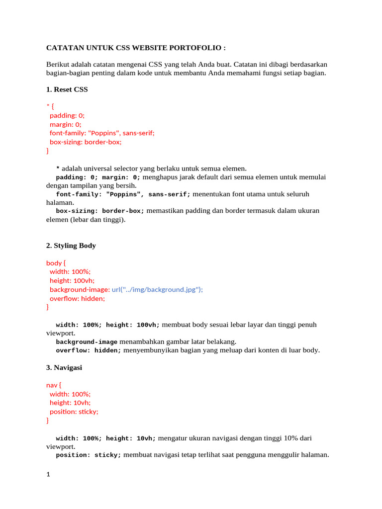 Catatan Untuk CSS Website Portofolio | PDF