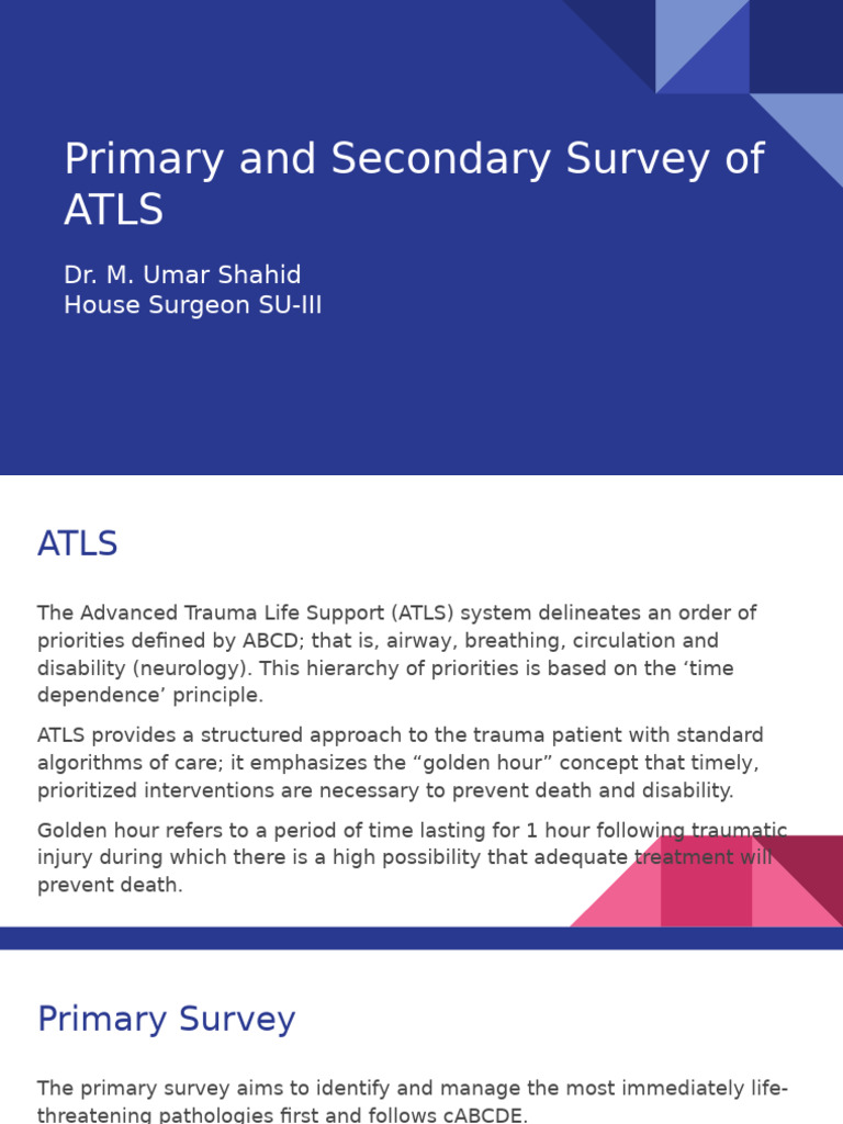 Primary and Secondary Survey of ATLS | PDF | Bleeding | Medical Specialties