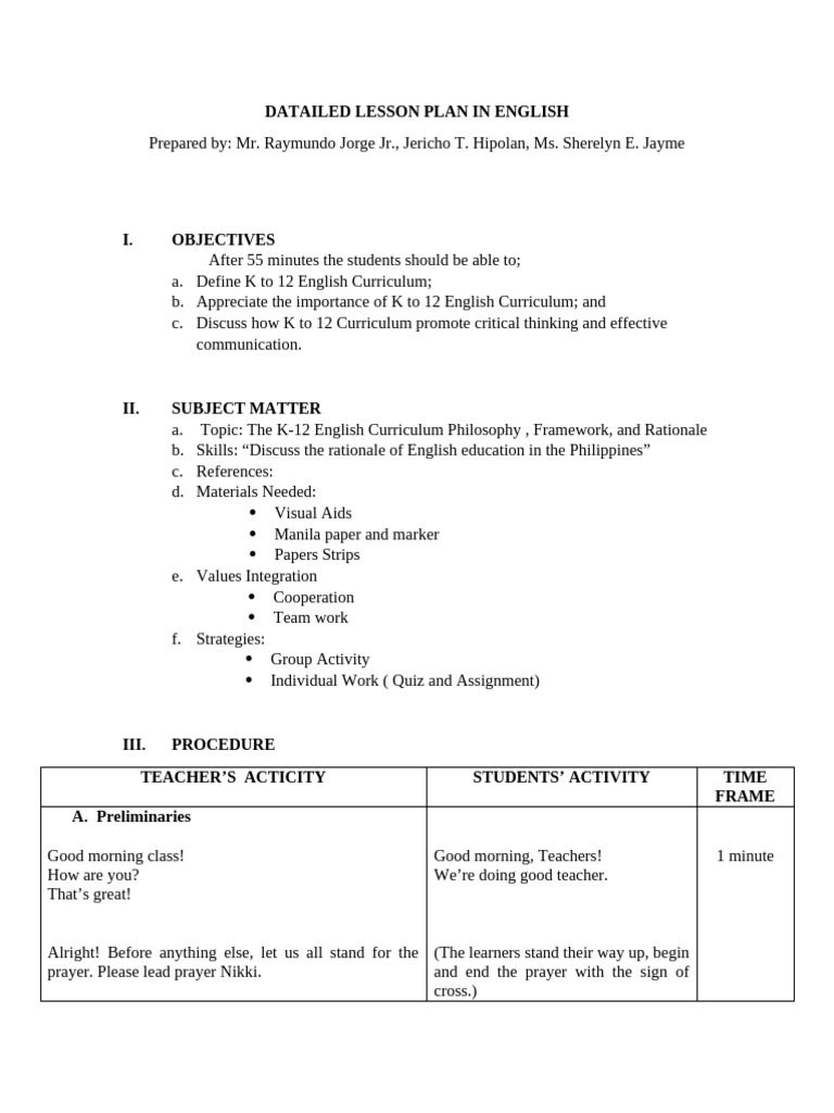 Datailed Lesson Plan in English | PDF | Curriculum | Learning