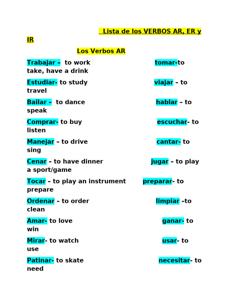 Lista de Verbos AR, ER, IR en Español | PDF