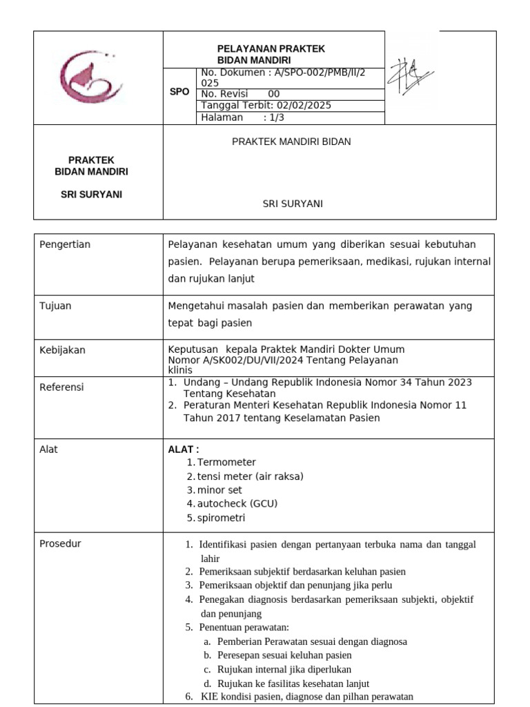 SOP Pelayanan Praktek Mandiri Bidan | PDF