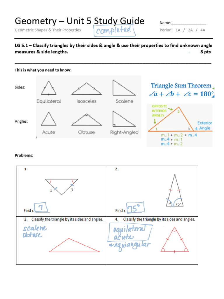 G U5 Study Guide - Completed | PDF | Triangle | Classical Geometry