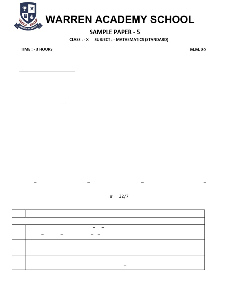 Maths (STD.) - Class - X - Sample Paper - 5 | PDF | Circle | Sphere