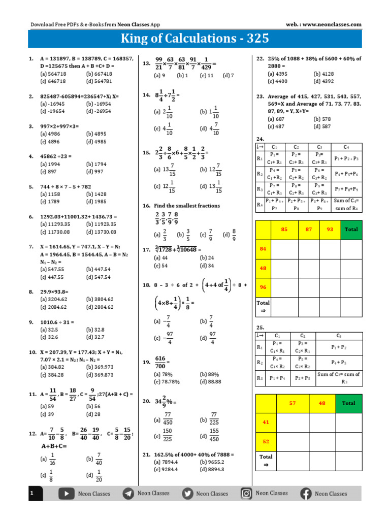 King of Calculations Sheet - 325 | PDF | Mathematical Notation ...