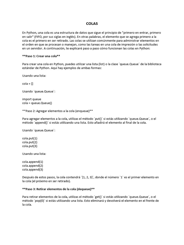 Colas (2024 - 10 - 16 06 - 42 - 15 Utc) | PDF | Cola (tipo de datos abstractos) | Python ...