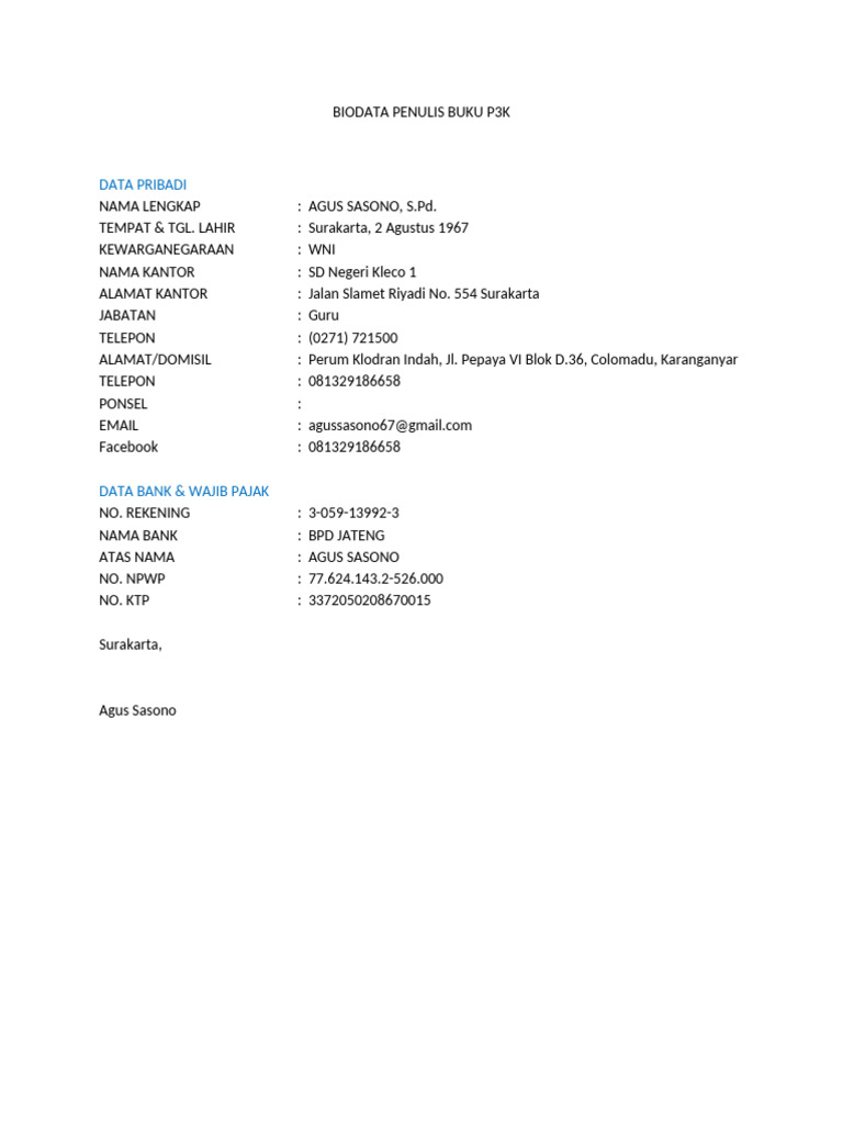 Biodata Penulis Buku p3k | PDF