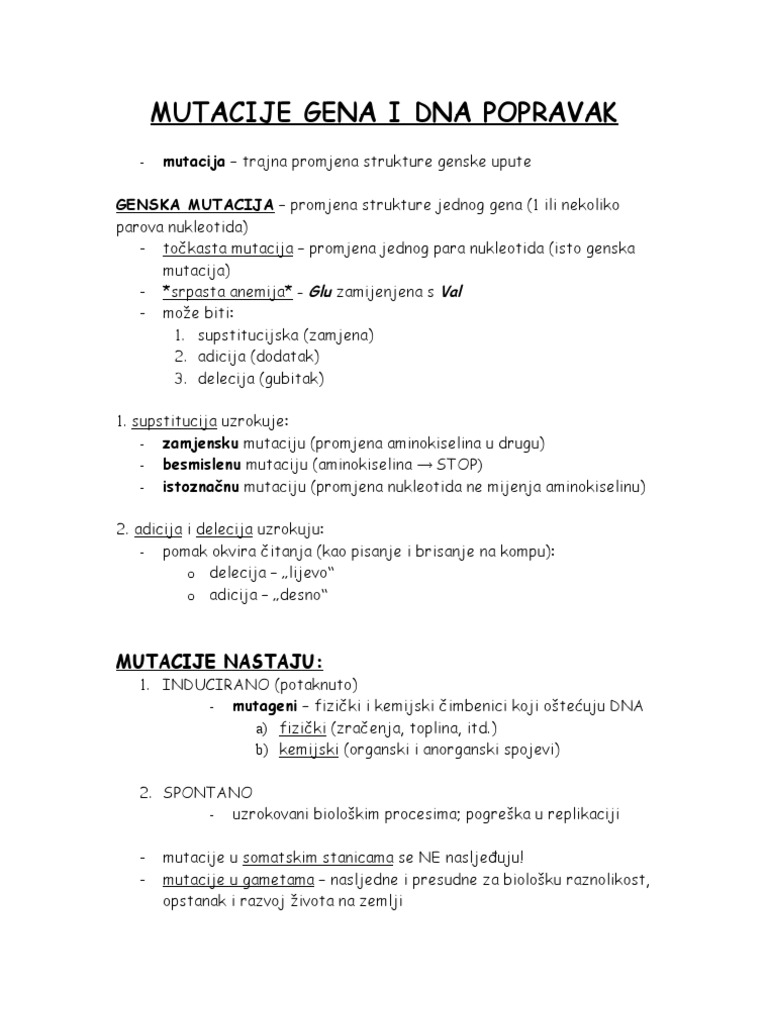 Mutacije Gena I Dna Popravak | PDF